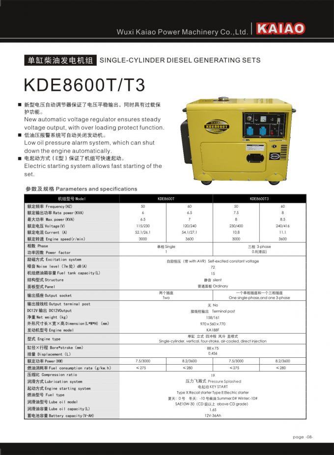 6KW Quiet Diesel Generator , Electric Start Portable Diesel Generator